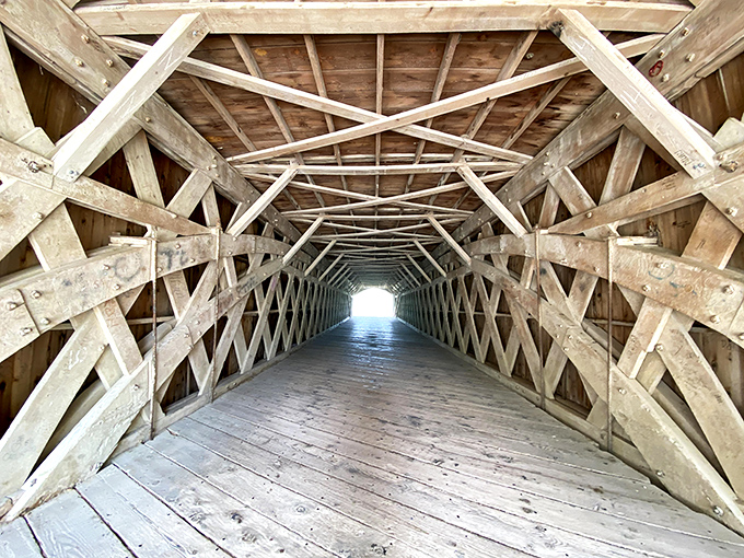 Step inside and marvel at the lattice truss design&mdash;a wooden cathedral of engineering that's been sheltering travelers since Rutherford B. Hayes was president.
