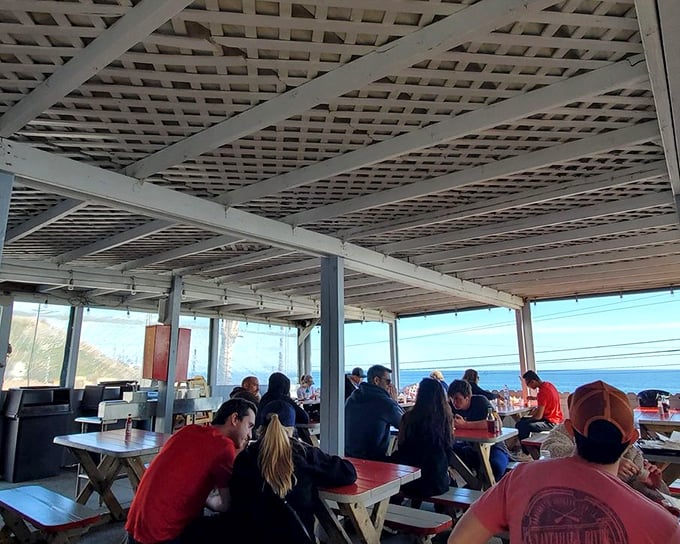 Ocean views and simple picnic tables create the perfect backdrop for seafood feasting. Who needs white tablecloths when you've got the Pacific as your dining companion?