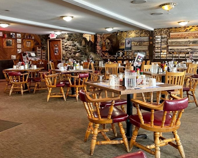 Captain's chairs and rustic log cabin vibes create the perfect setting for hearty meals and conversations that flow as freely as the coffee.