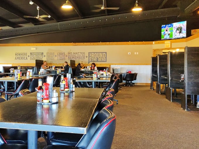 Inside, the spacious dining room balances no-frills simplicity with welcoming comfort. Those wall quotes speak volumes about Midwestern hospitality.