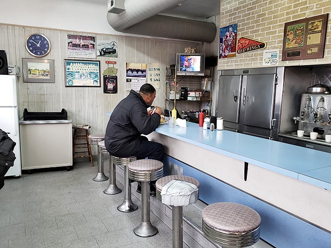 Time travel isn't science fiction at Mike's counter&mdash;it's just Tuesday. Classic chrome stools and blue Formica transport you to a simpler, hammier era.