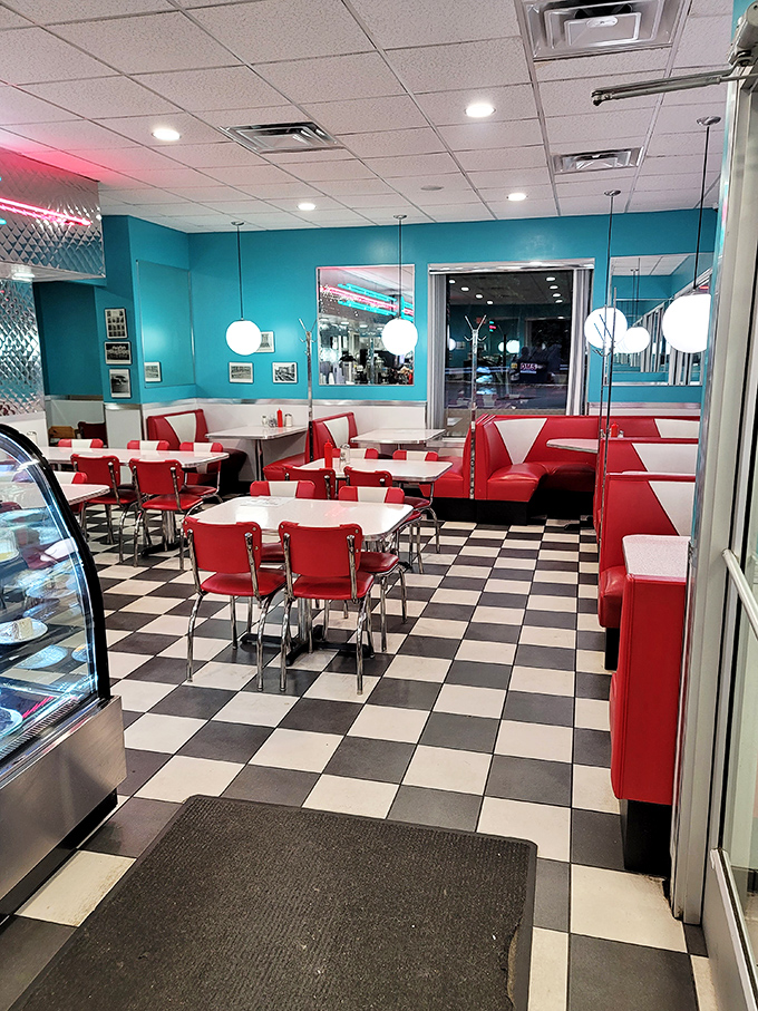 Step into a time machine of turquoise walls and cherry-red vinyl booths&mdash;the classic checkerboard floor practically demands you order a milkshake.