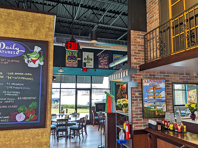 Step inside and you're transported from Missouri to the Gulf Coast, complete with Mardi Gras masks and colorful coastal artwork that whispers, "You're not in Kansas anymore."