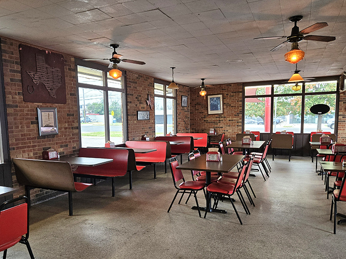 Red vinyl booths, brick walls, and ceiling fans spinning lazily overhead&mdash;this isn't manufactured nostalgia, folks, it's the real deal.