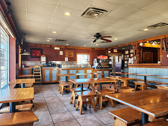 Rustic wooden tables and corrugated metal accents create that perfect "focus-on-the-food" atmosphere where memorable meals and conversations happen.