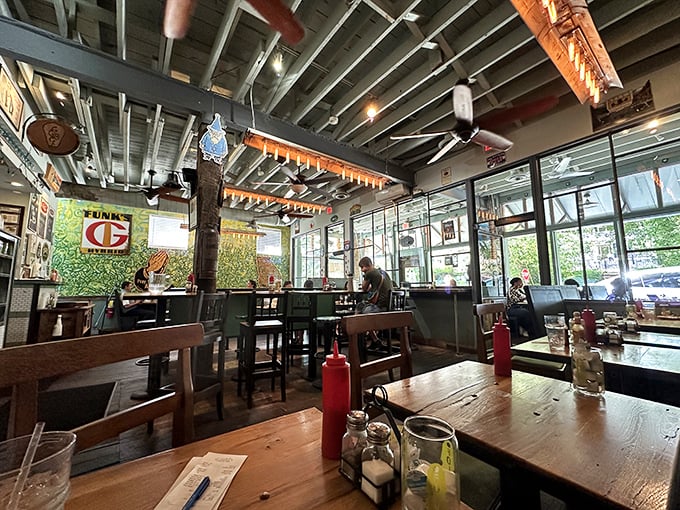 Exposed beams, pennant banners, and natural light create the perfect backdrop for leisurely weekend mornings done right.