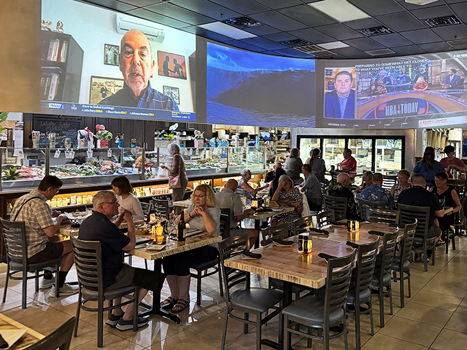 Inside, the bustling dining room combines market-fresh displays with comfortable seating. Those big screens aren't the main attraction&mdash;they're just keeping you entertained until the real stars arrive on your plate.