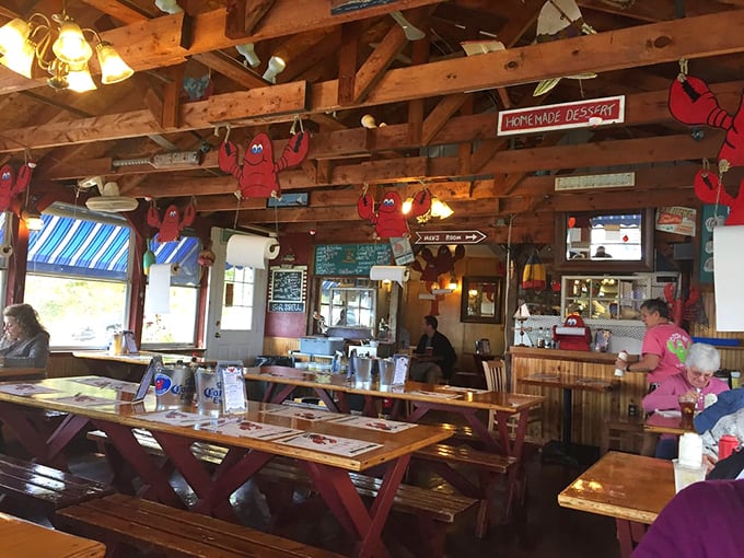 Inside, wooden beams and dangling lobster decorations create the perfect Maine seafood ambiance&mdash;like dining inside a fisherman's trophy room where everyone's invited.