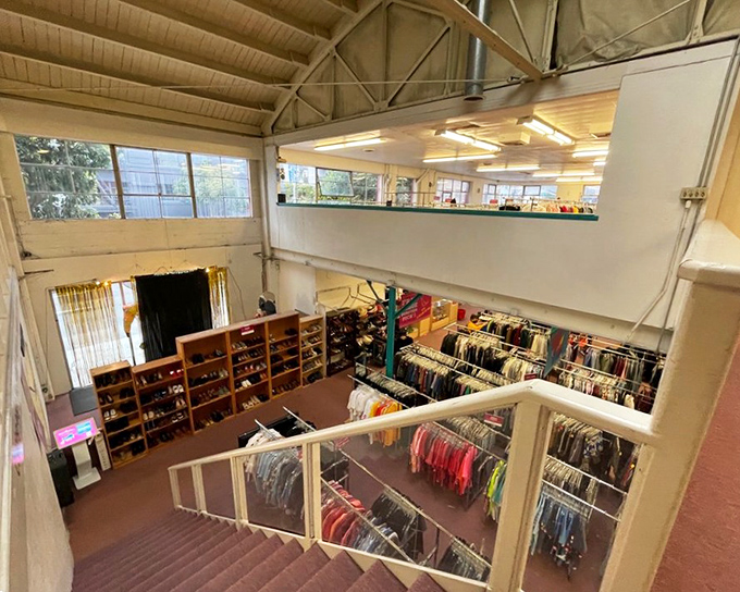 Racks upon racks of possibility await as you descend into the main shopping area, where organization trumps the chaos typical of lesser thrift stores.