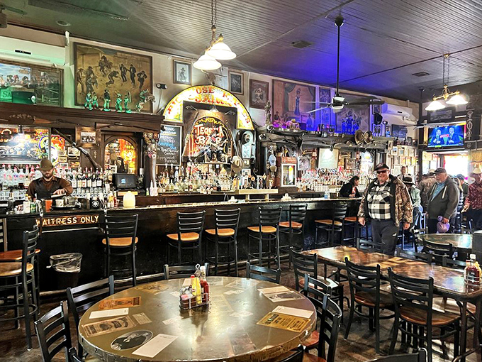 The saloon's interior is a treasure trove of Wild West memorabilia, with a bar that's witnessed more stories than a librarian on overtime.