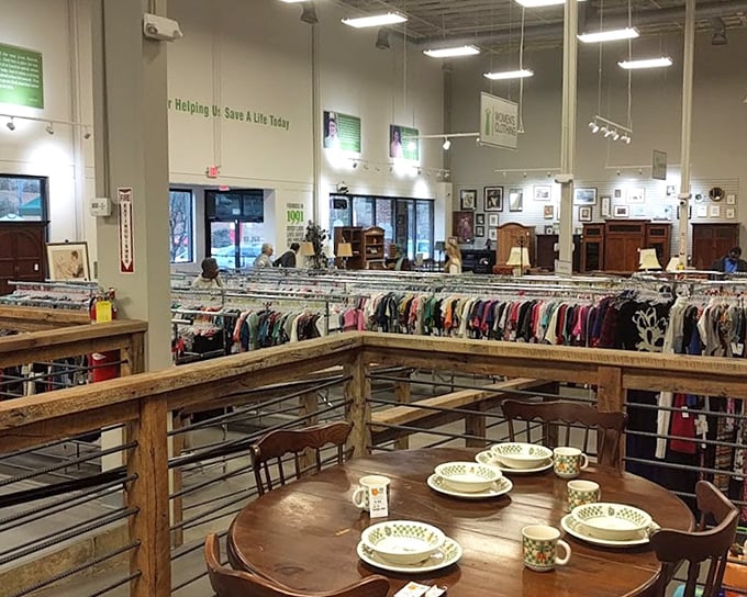 Racks of colorful clothing create a rainbow road to fashion finds, while a dining set waits to host someone's future family meals.