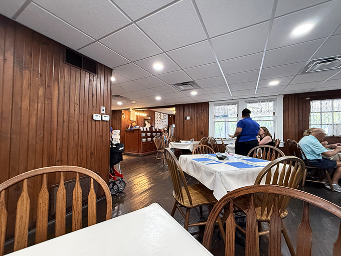 Windsor chairs and wood paneling create that "grandma's dining room" vibe where calories simply don't count.