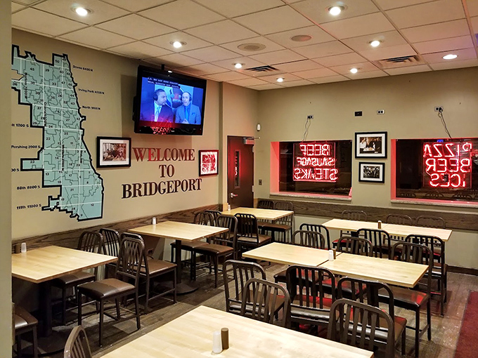 Inside, the "Welcome to Bridgeport" wall mural isn't just decoration&mdash;it's a declaration. This place doesn't just serve the neighborhood; it celebrates it.