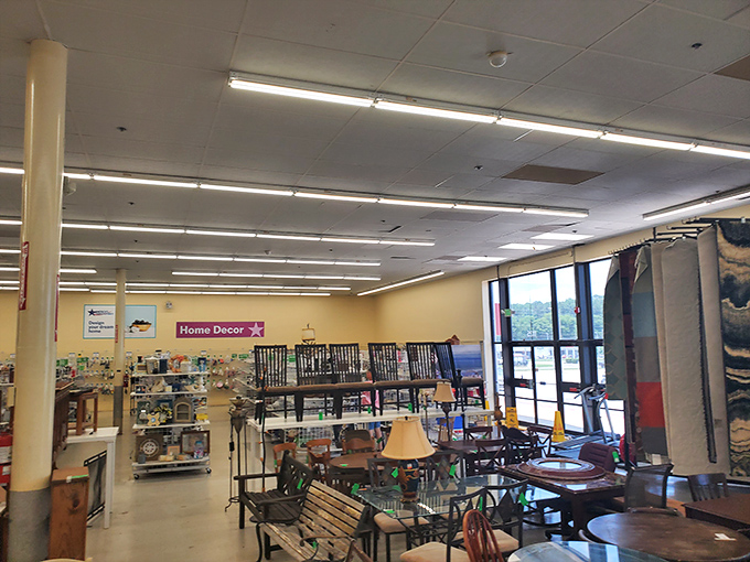 The home decor section beckons with park benches, lamps, and furniture pieces just waiting for their second act in your living room.