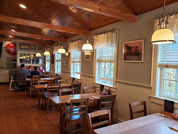Wooden beams, pendant lights, and that unmistakable diner warmth. Inside Dot's, every table feels like the best seat in the house.