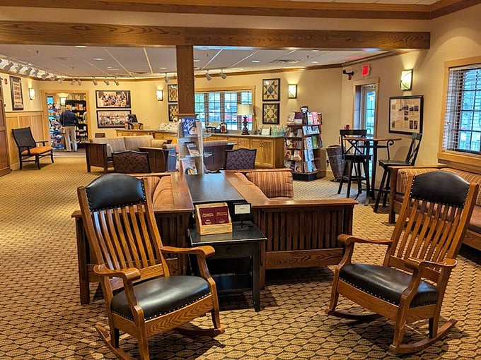 Wooden rocking chairs invite you to slow down before your meal &ndash; a hint at the unhurried pleasure awaiting inside.