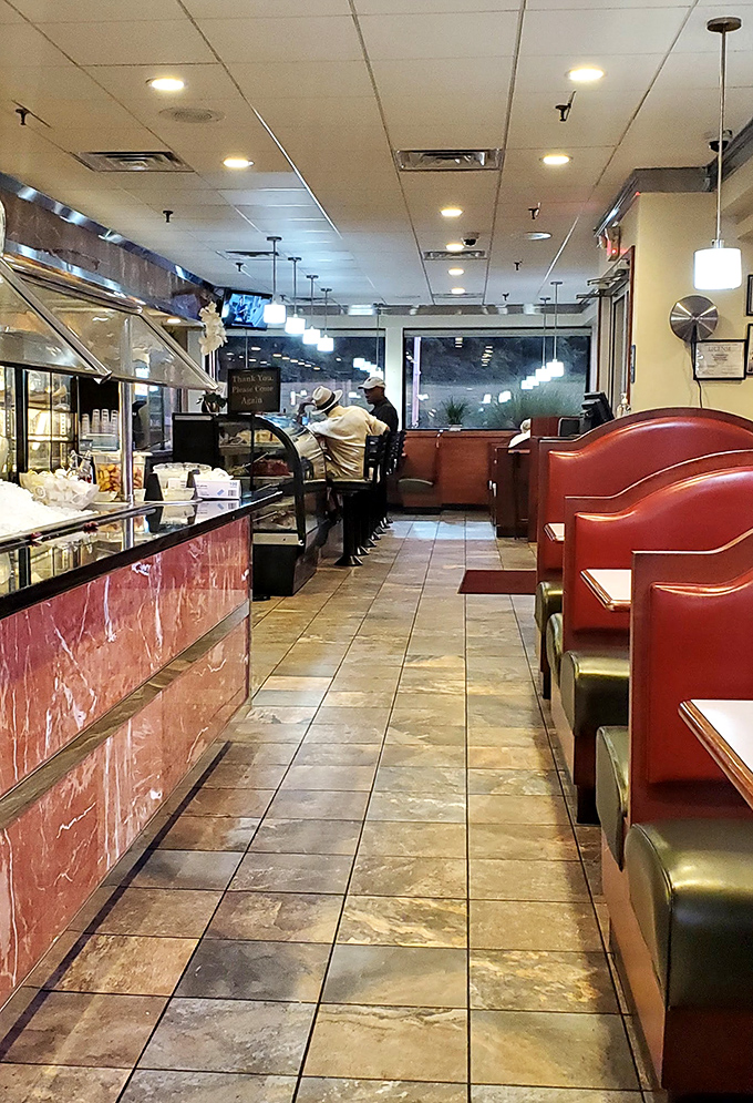 Red booths and marbled countertops &ndash; the universal language of "good food served without pretension" awaits inside.