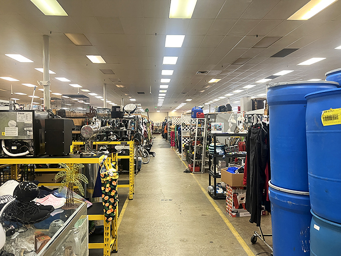 Yellow-lined pathways serve as your treasure map through this indoor bazaar, where each aisle holds the potential for discovery.