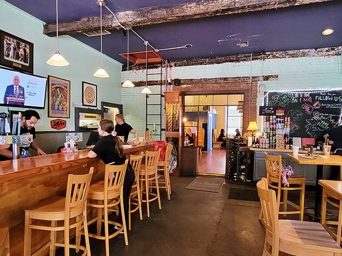 Rustic wooden beams meet modern comfort inside, where conversations flow as freely as the coffee.