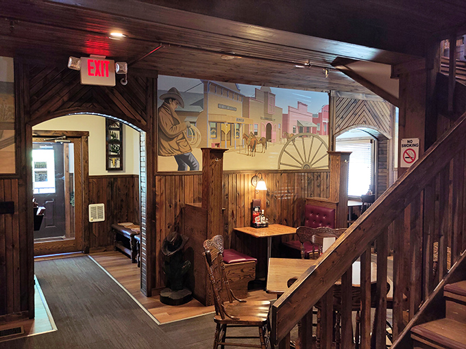 Step inside and you're transported to the Old West, where wood-paneled walls and Western murals set the stage for serious steak enjoyment.