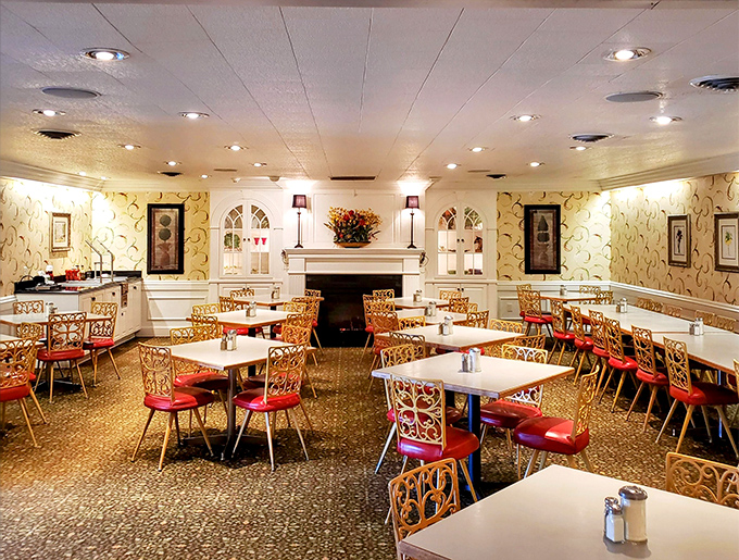Step into a dining room where the 1960s never ended&mdash;ornate chairs, patterned wallpaper, and a fireplace that whispers, "Stay awhile, the meatloaf is worth it."