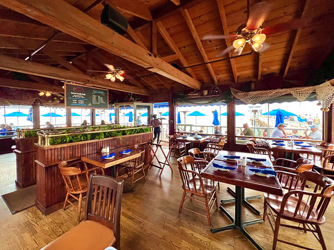 Wooden beams, fishing nets, and ocean views create the perfect maritime atmosphere. It's like dining in a ship captain's cozy cabin&mdash;if that cabin had spectacular panoramic windows.