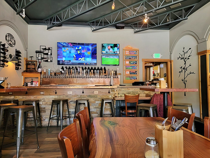 Where pizza dreams and beer fantasies collide! Creekside's welcoming interior features warm wood tones, stone accents, and that all-important row of gleaming taps promising liquid happiness.