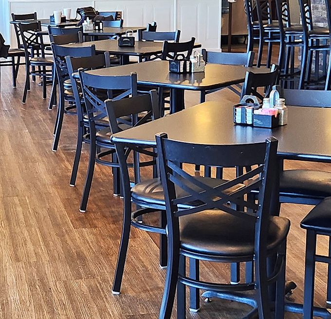 Clean lines, comfortable seating, and the promise of homestyle cooking&mdash;this dining room has witnessed countless "pass the syrup" moments.