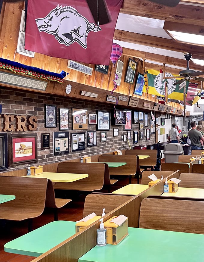 Razorback pride meets burger paradise in this wood-paneled shrine to Arkansas sports and spectacular eating. Those mint green tables have witnessed decades of delicious moments.