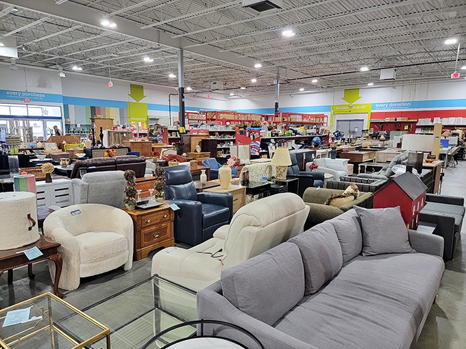 This furniture showroom feels like someone combined IKEA's selection with your favorite aunt's perfectly curated taste and bargain-basement prices.