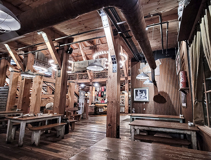 Rustic wooden beams and farmhouse charm create the perfect setting for serious comfort food consumption and contentment.