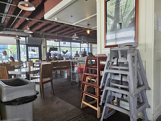 Inside, the practical charm of wooden tables and exposed beams creates the perfect backdrop for food that's anything but ordinary.