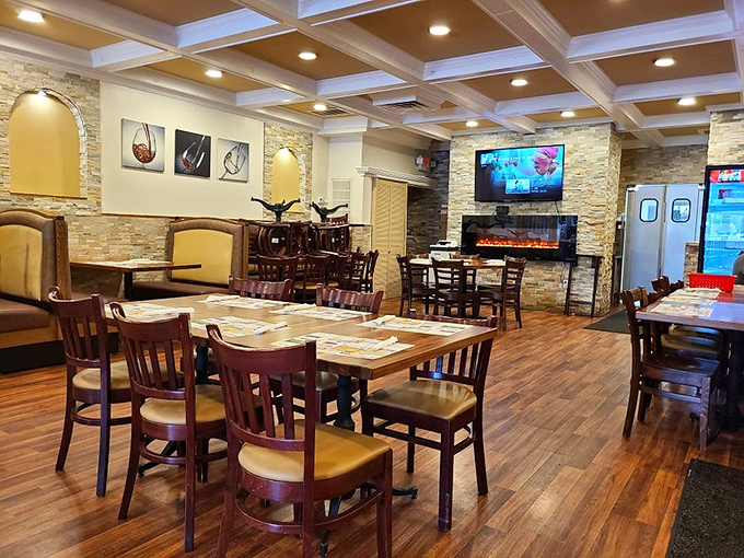 Inside, warm stone accents and coffered ceilings create an unexpectedly elegant backdrop for what might be the best breakfast experience in Sussex County.