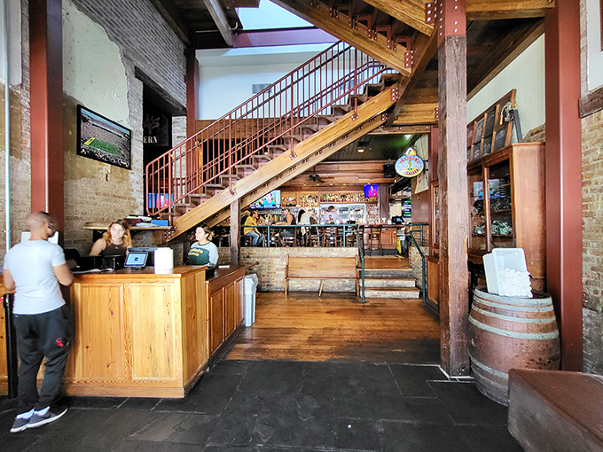 Step inside and the restaurant reveals its character &ndash; exposed brick, wooden beams, and that magnificent staircase that's witnessed countless celebrations and first dates.