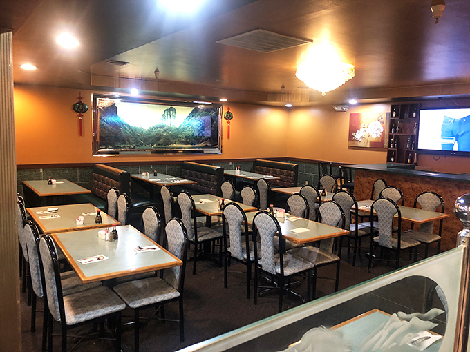 Comfortable elegance awaits inside with warm lighting, patterned chairs, and that fish tank that somehow makes everything taste better.