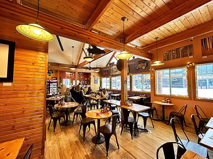 Warm wood paneling and golden lighting create the perfect mountain town ambiance&mdash;like dining inside a cozy cabin where calories simply don't count.