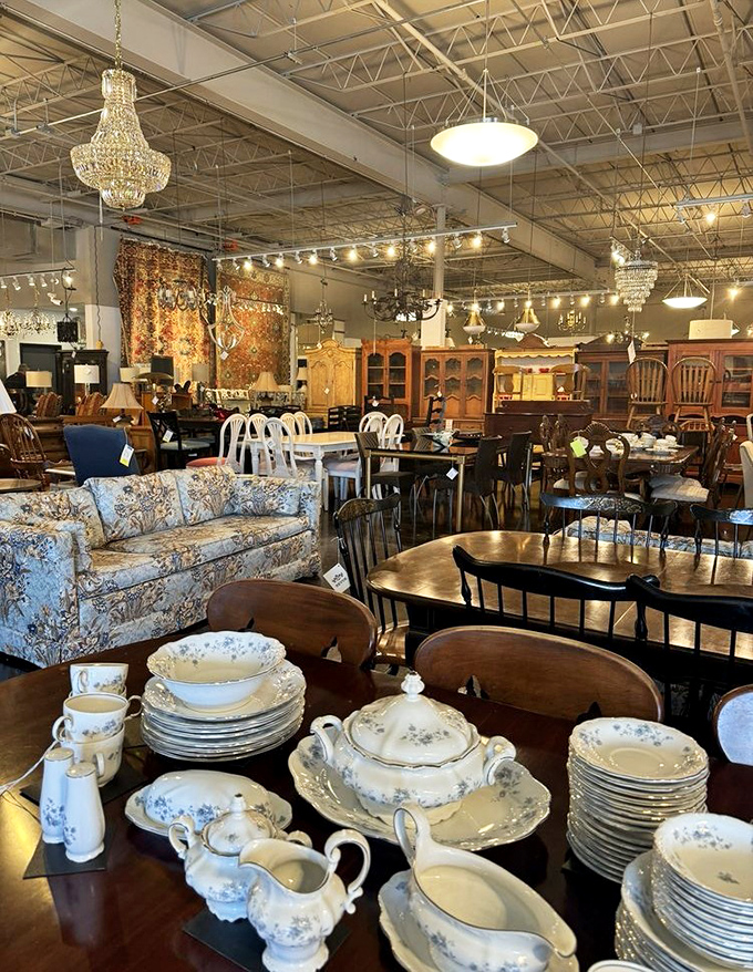 Crystal chandeliers hover above an ocean of furniture possibilities. One person's "too much" is another's "exactly what my living room was missing."