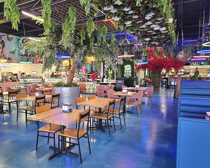 Step inside and suddenly you're transported to coastal Mexico. These hanging plants and blue lighting create vacation vibes without the TSA pat-down.