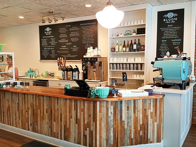 Rustic meets refined at Bloom's counter, where reclaimed wood and turquoise details create the perfect backdrop for your impending sugar rush.