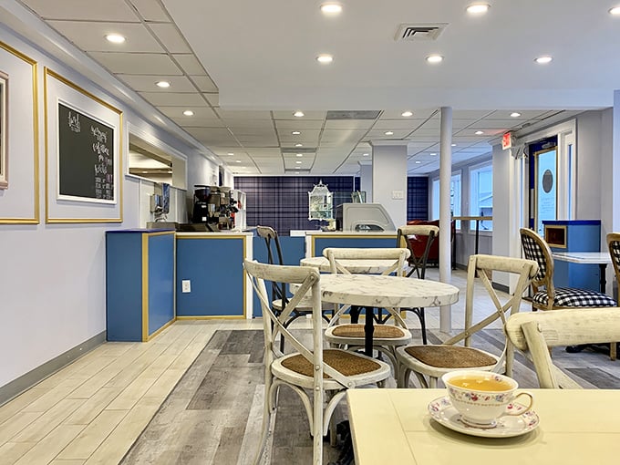 The interior's blue and white palette creates a space that's both sophisticated and comfortable—like wearing your fancy pajamas to a gala.