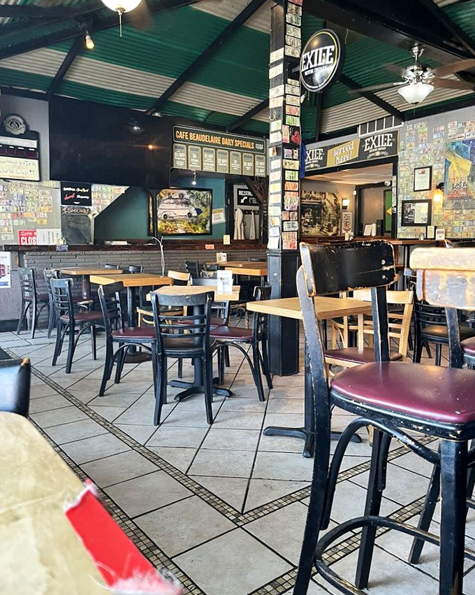 Inside, the eclectic decor tells stories of international travels, with every sticker and photo adding to the cafe's well-earned character.