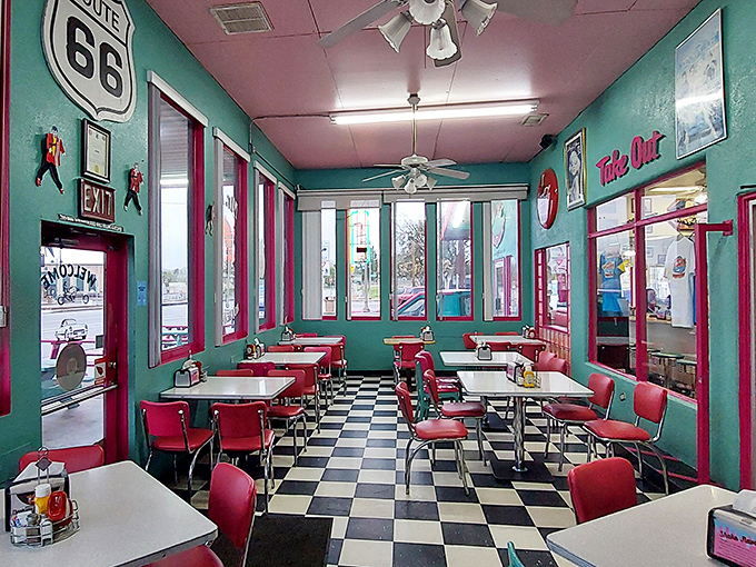 Checkerboard floors, teal walls, and cherry-red booths&mdash;this isn't just a diner, it's a time machine with table service and Route 66 memorabilia.