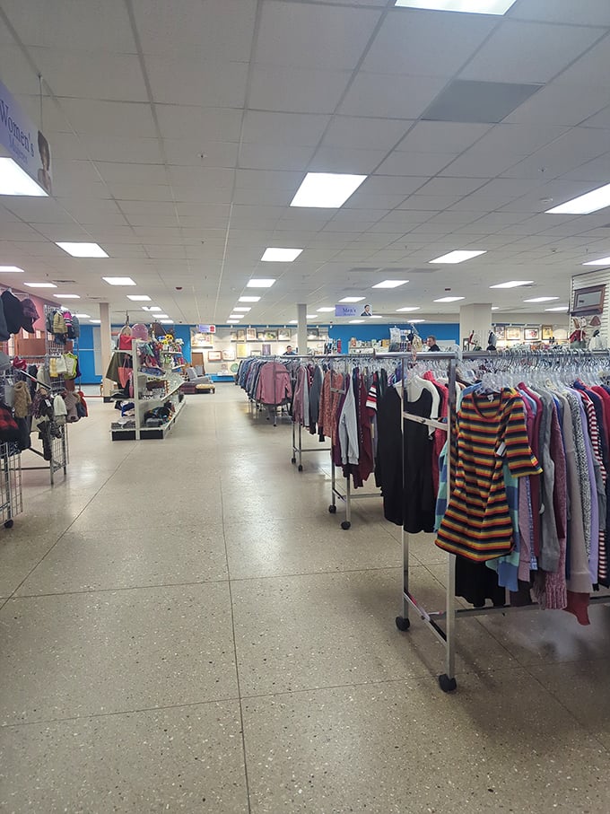 Endless racks of possibility stretch toward the horizon, where yesterday's fashion finds tomorrow's admirers in this meticulously organized wonderland.