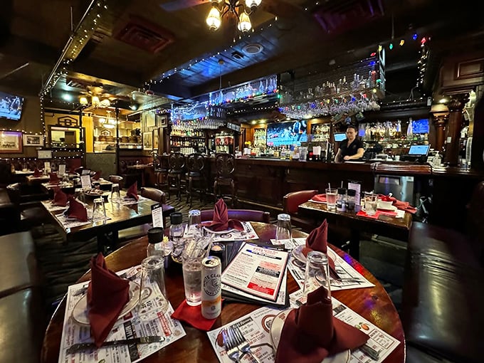 This interior could moonlight as a time capsule from when restaurants knew lighting should flatter, not interrogate.