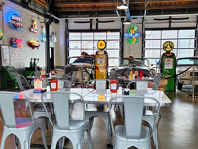 Classic cars and chrome chairs create a dining room that's part museum, part time machine, all delicious.