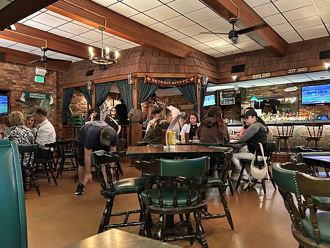 This rustic interior proves that exposed brick and warm wood never go out of style, especially when paired with comfort food.