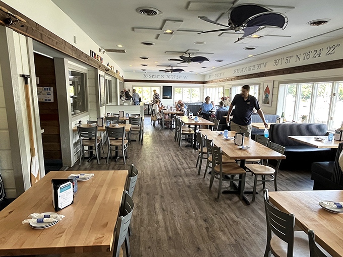 Inside, nautical coordinates line the ceiling while butcher-block tables invite you to settle in. This isn't Instagram-bait design&mdash;it's the real-deal Maryland seafood experience.