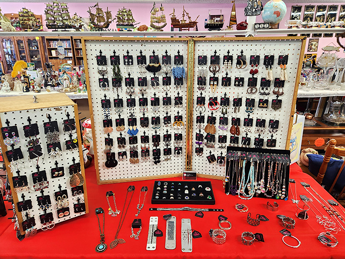 Jewelry heaven for accessory lovers. This dazzling pegboard display offers enough earrings, necklaces, and bracelets to make Elizabeth Taylor jealous.
