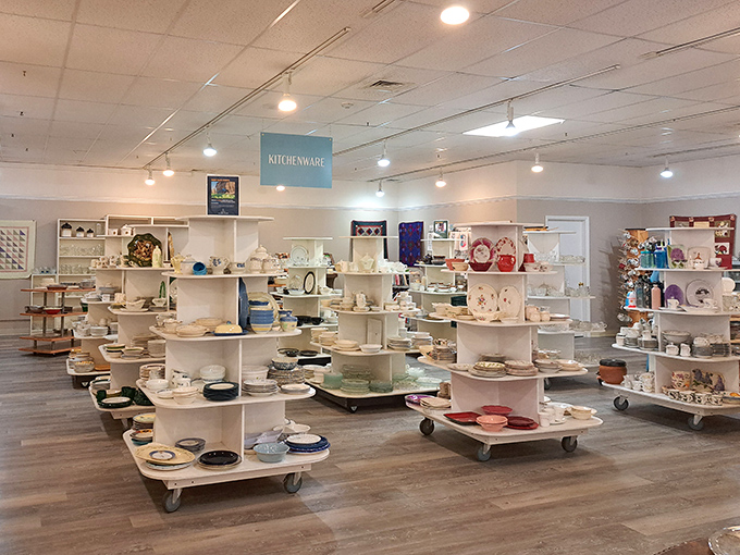 A kitchenware wonderland where Pyrex dreams come true. These neatly arranged dishes have seen more family dinners than a Thanksgiving reunion special.