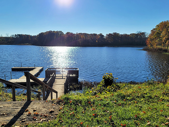 Sunlight dancing across Punderson Lake creates nature's disco ball effect, proving Ohio can sparkle with the best of them.